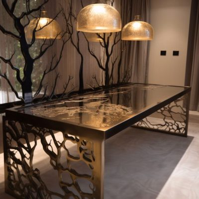 Tree Plan Extravagance Feasting Tables Made From Metal and Glass
