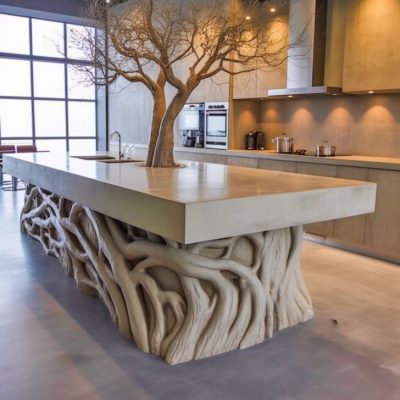 Kitchen Islands Adorned with Thriving Trees: A Green Envy Inducer