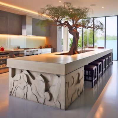 Kitchen Islands Adorned with Thriving Trees: A Green Envy Inducer