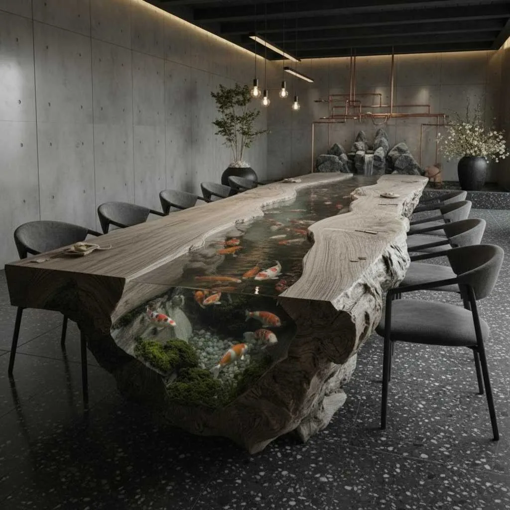 Transforming Outdoor Dining with the Enchanting Koi Pond Dining Table - An Elegant Fusion of ...